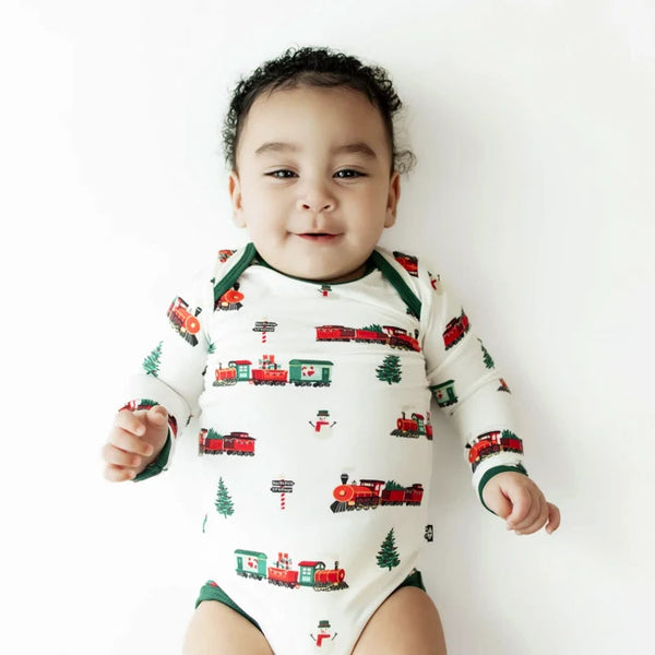 Kyte Baby Printed Long Sleeve Bodysuit in Holiday Train - Baby ...